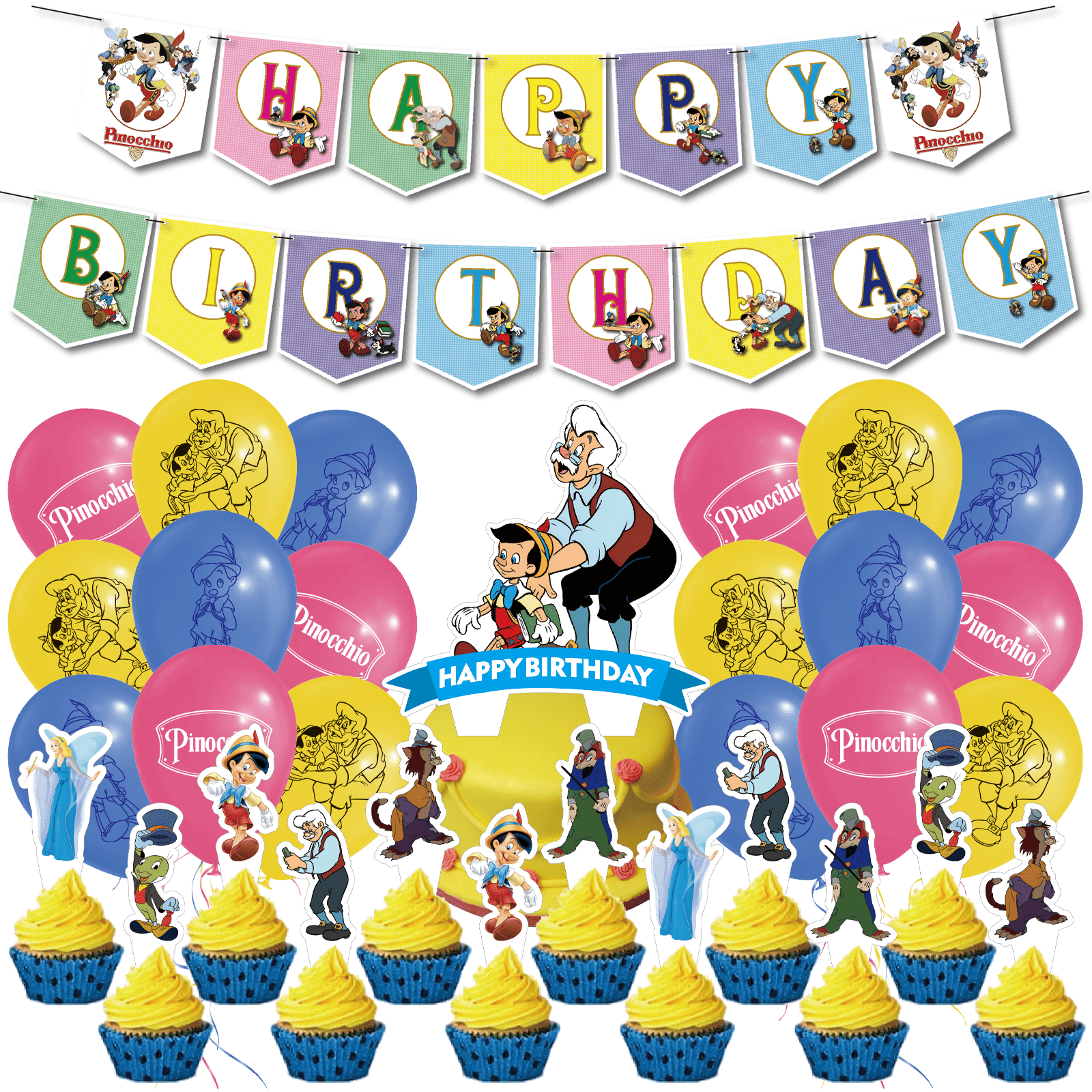 32PCS For Pinocchio Theme Children's Celebration Kit with Banner,Cake ...