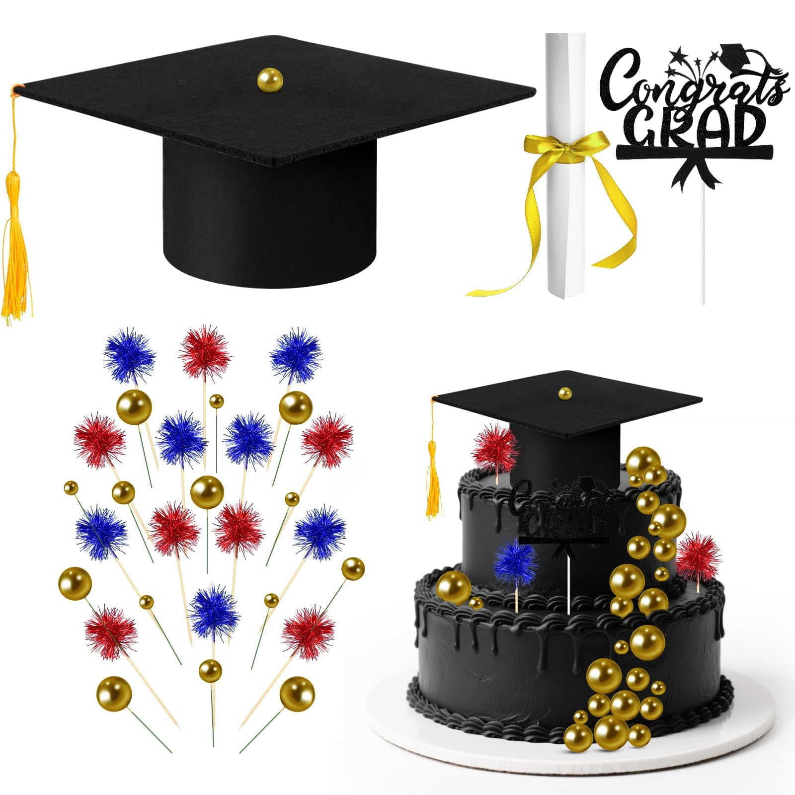 32PCS Graduation Cake Decorations KEF16 Kit for Class of 2025 Felt ...