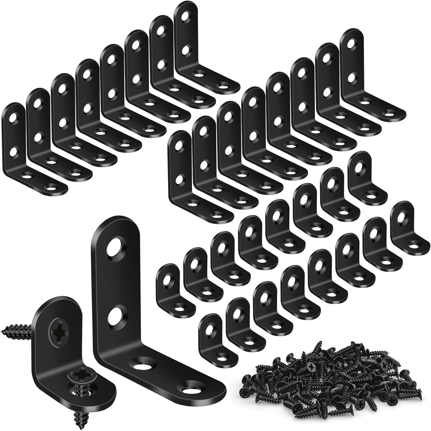 32PCS L Corner Brackets, Black Heavy Duty L Brackets for Shelves with 100PCS Screws, Metal Right ...