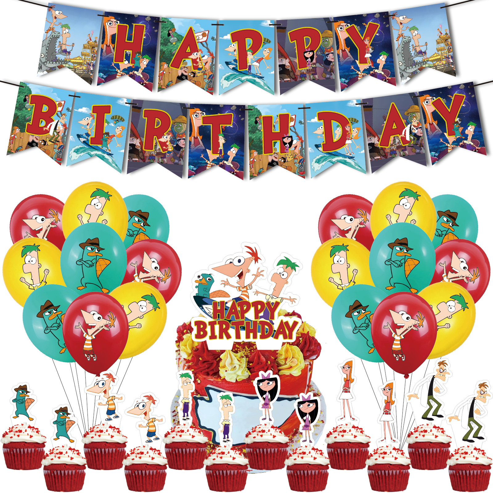 LJGYYDS 32PCS Phineas and Ferb Theme Party Decorations, Happy Birthday ...