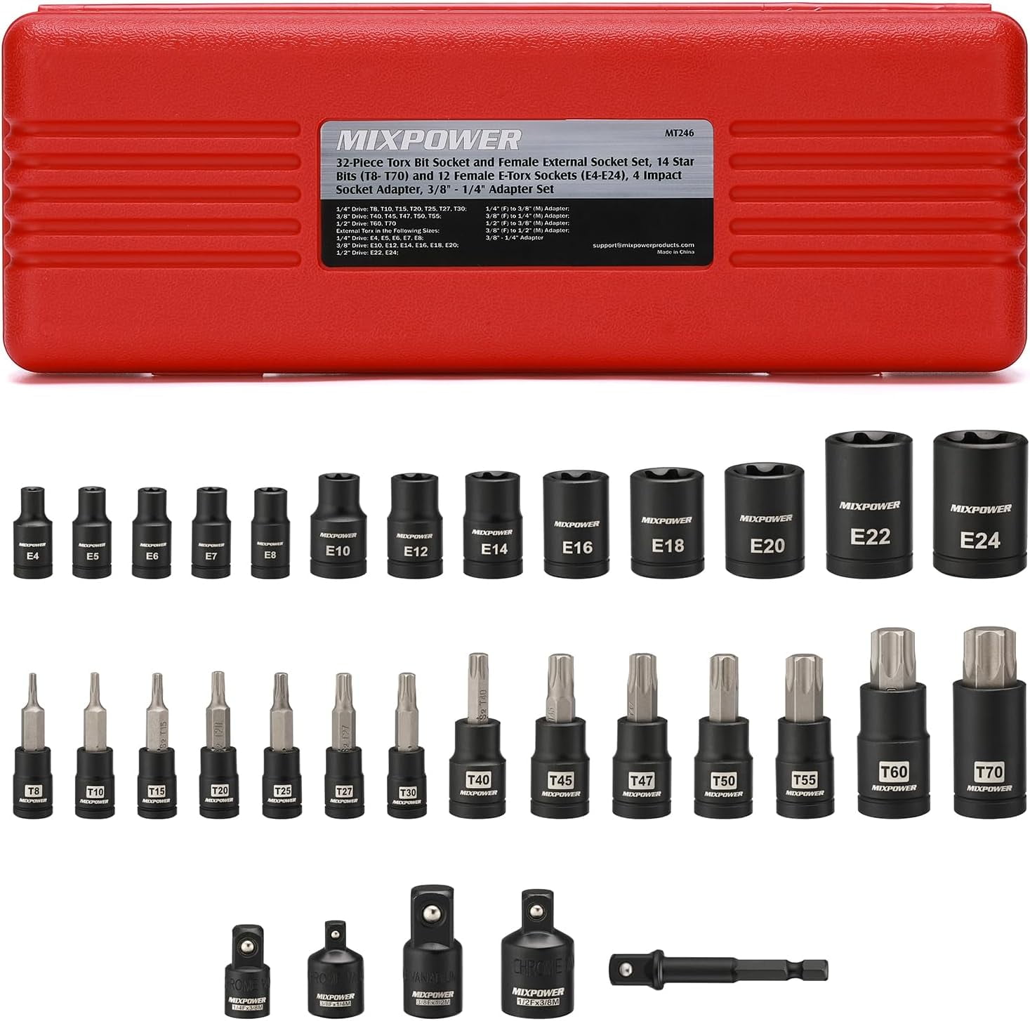 32PCS Torx Bit Socket Set, 14 Star Bits (T8-T70)& 13 E-Torx Sockets (E4-E24), CR-V & S2 Alloy ...