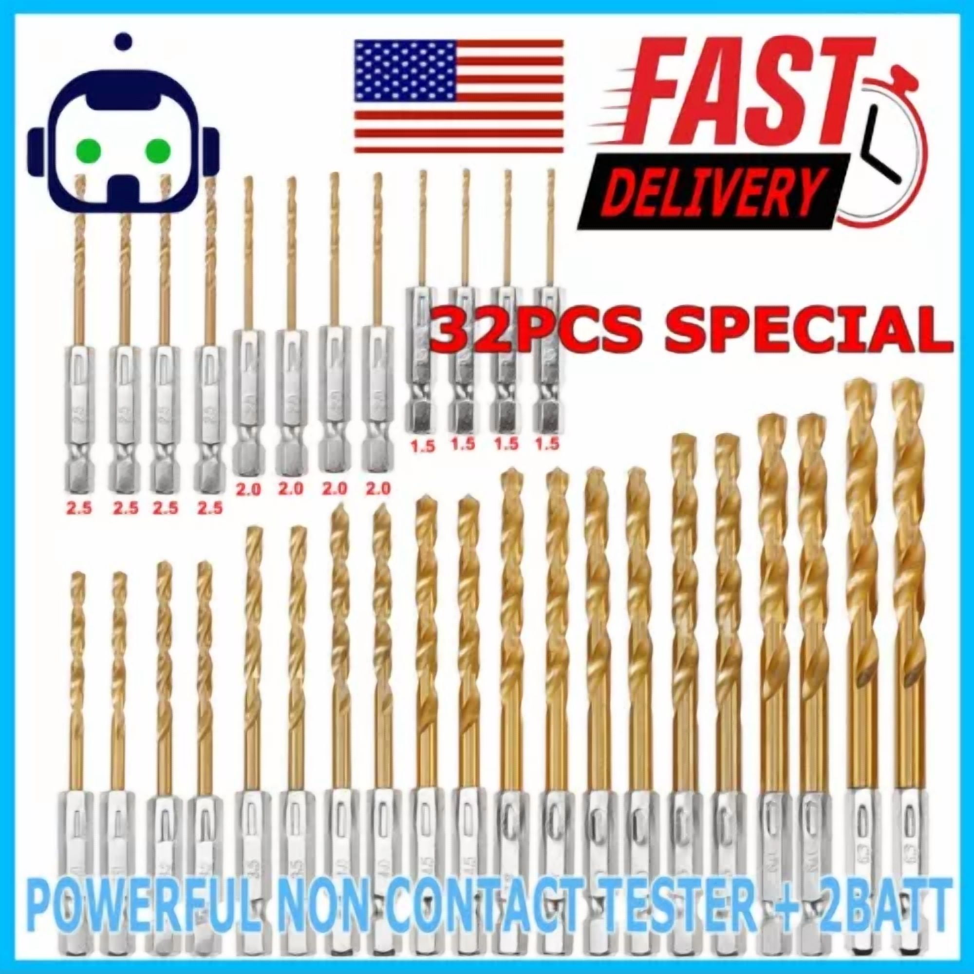 32Pc 1/4'' Hex Shank Titanium Coated Steel Drill Bit Set Metal Wood ...