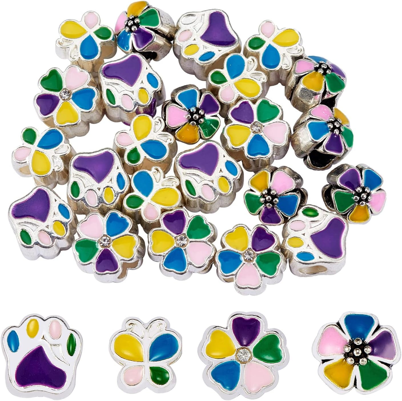 32Pcs 4 Colors Enamel European Beads Large Hole Alloy Butterfly Flower ...