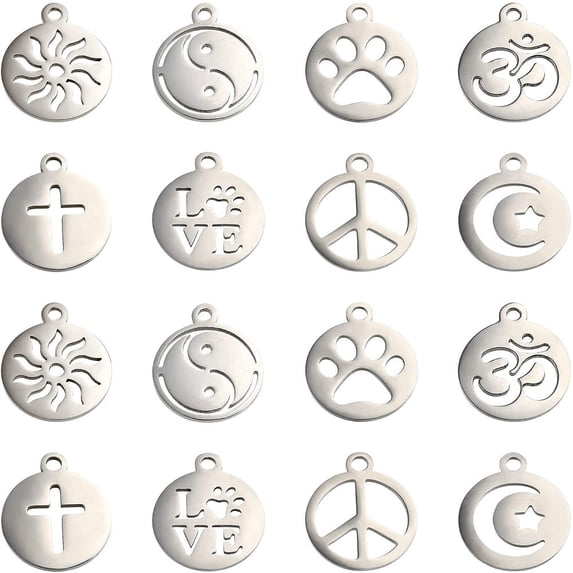 32Pcs 8 Style 304 Stainless Steel Charms Flat Round Stainless Steel ...