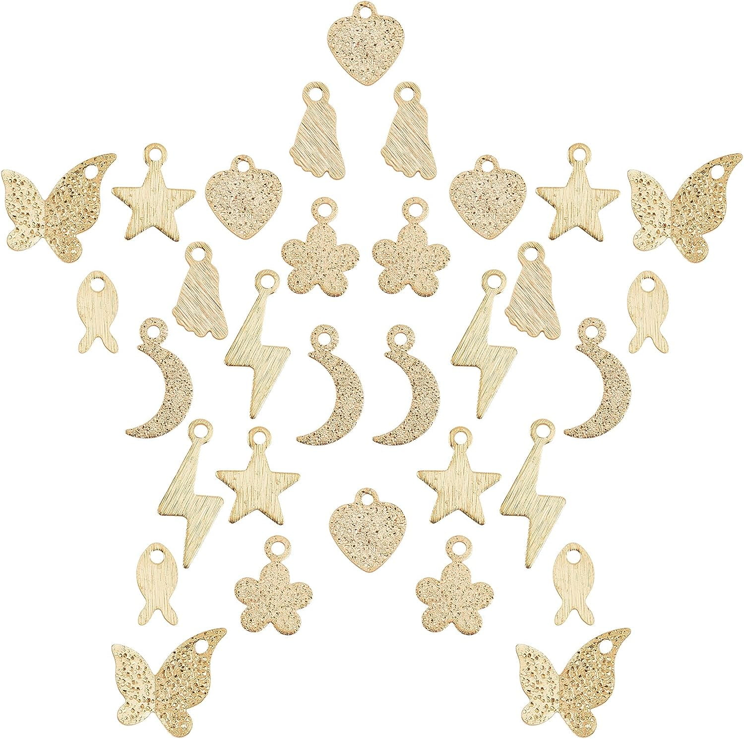 32Pcs 8 Styles 24k Gold Plated Brass Charms Flower Star Foot Lightning ...