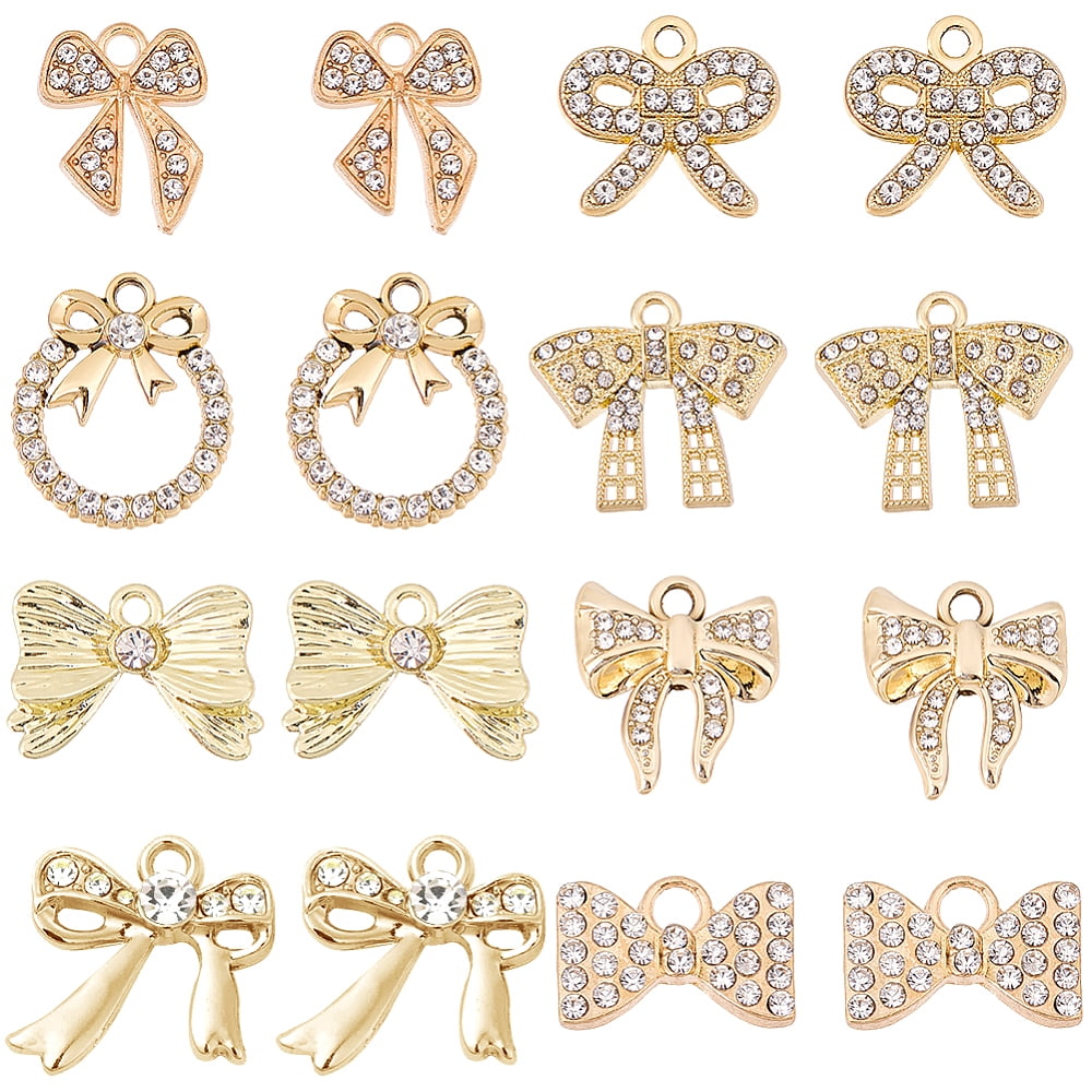 32Pcs 8 Styles Alloy Rhinestone Pendants Bowknot Golden 12~21x12.5~20x2 ...