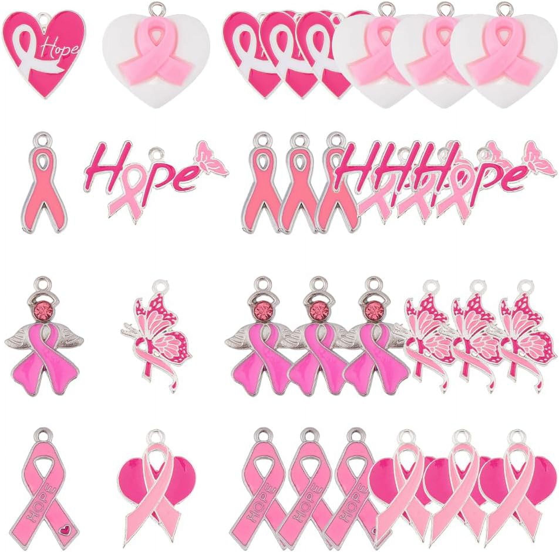 32Pcs 8 Styles Pink Ribbon Charms Alloy Enamel Breast Cancer Awareness ...