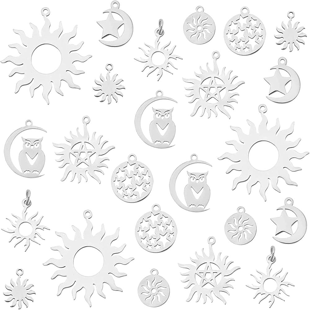 32Pcs 8 Styles Sun Moon Star Charms Laser Cut Stainless Steel Flat ...