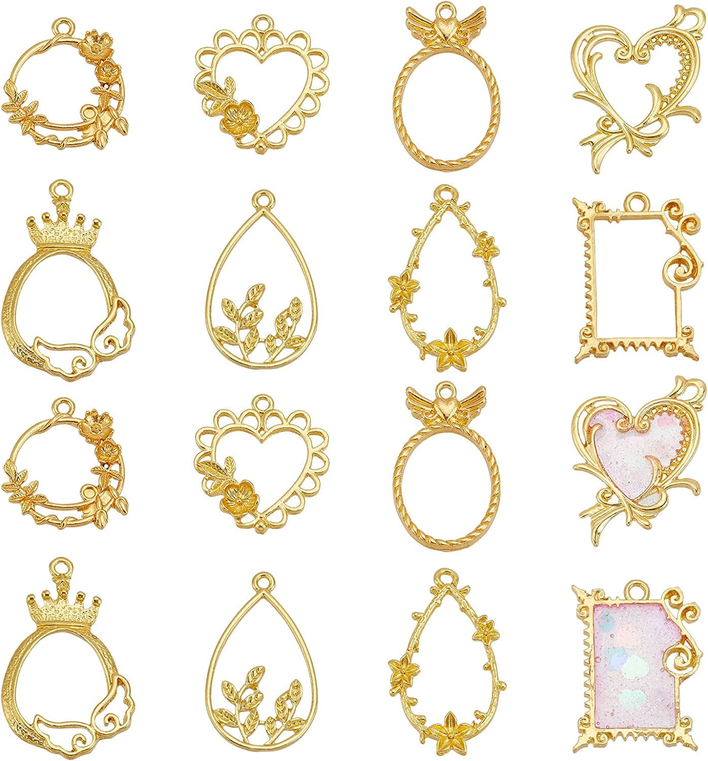 32Pcs Alloy Open Back Bezel Pendants Golden Open Bezel Charms Hollow ...