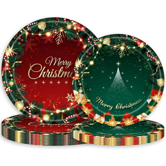 32Pcs Christmas Paper Plates Disposable Tableware Set,Xmas Tree Bell ...