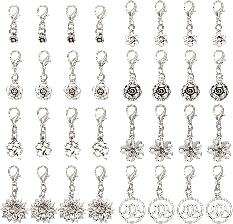 32Pcs Flower Zipper Pulls Charms 8 Styles Sunflower Lotus Four-Leaf ...