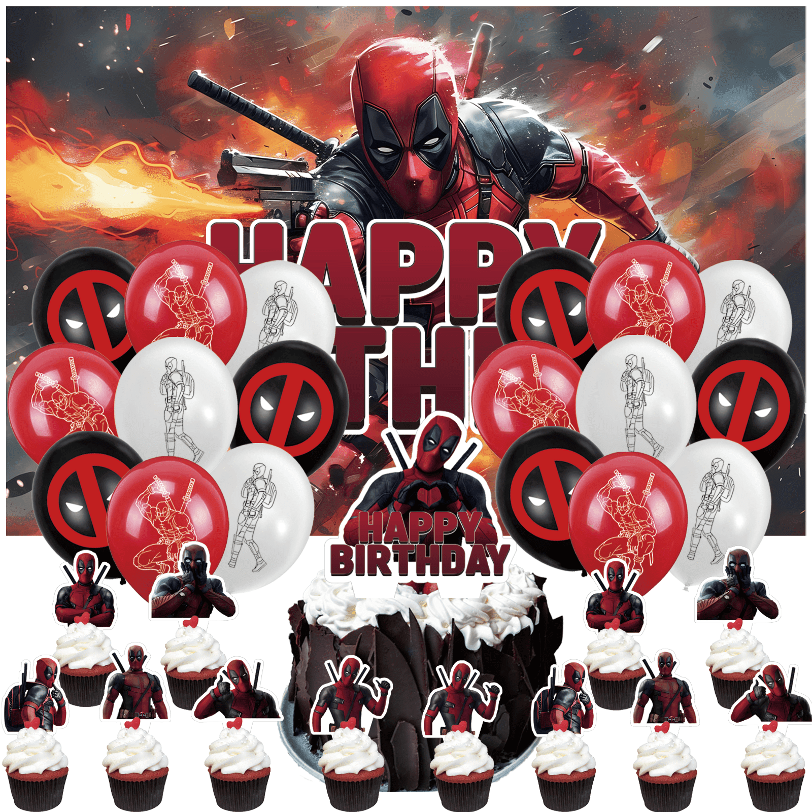 32Pcs Fos Deadpool Theme Birthday Party Decorations ,With 13 Cupcake ...