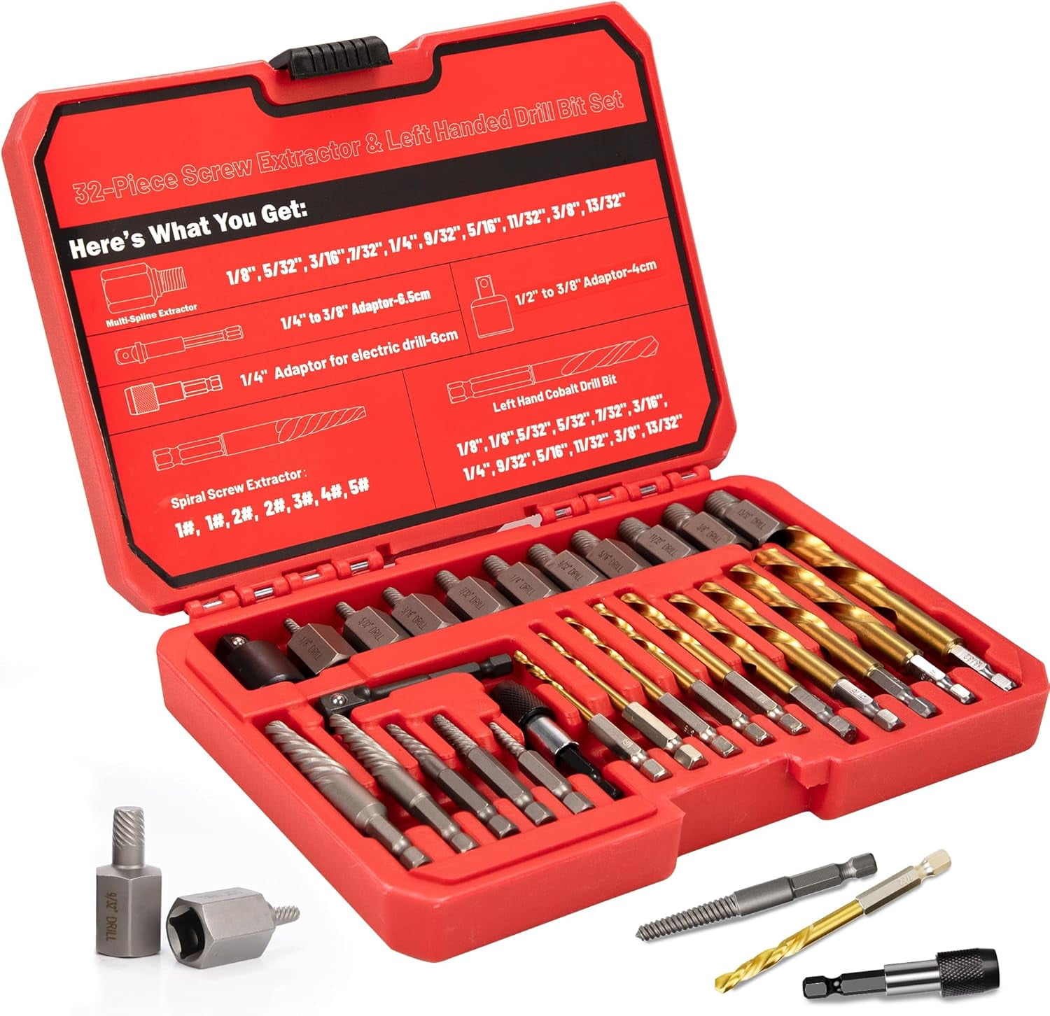 32Pcs Screw Extractor Set, Left Hand Drill Bit Set 6542/4341 HSS, Easy ...