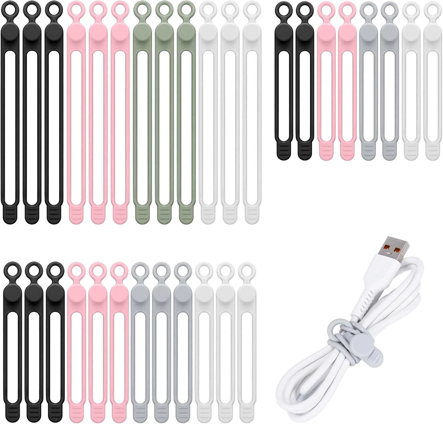 32Pcs Silicone Cable Ties, Data Cable Organizer Silicone Cable Straps ...