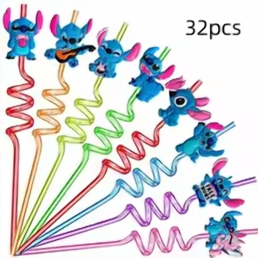 32Pcs Stitch series ice cream curved straw PVC soft rubber cartoon art ...