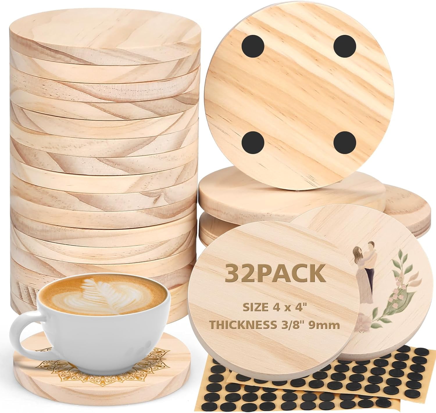 32Pcs Unfinished Wood Coasters, 4" Round Wooden Coasters with Non-Slip ...