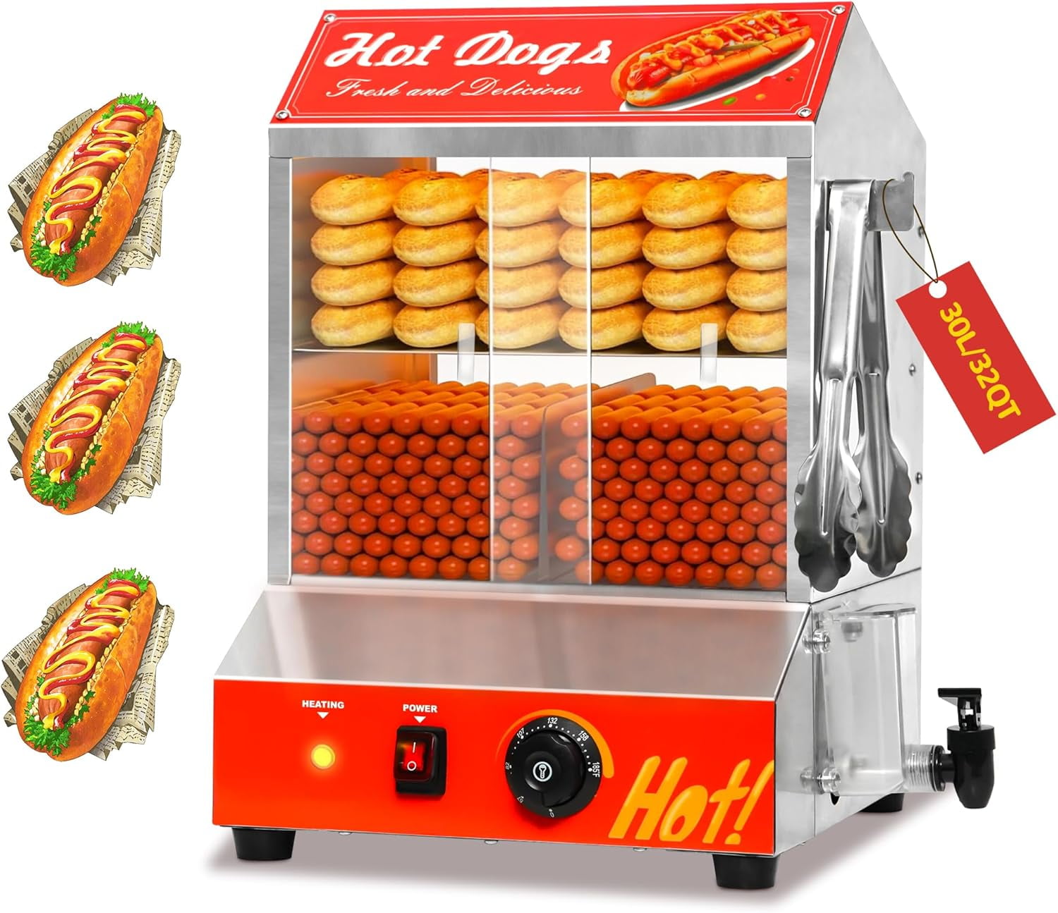 Linor 32QT Hot Dog Steamer with Sliding Door and Clip, 2-Tier for 175 ...