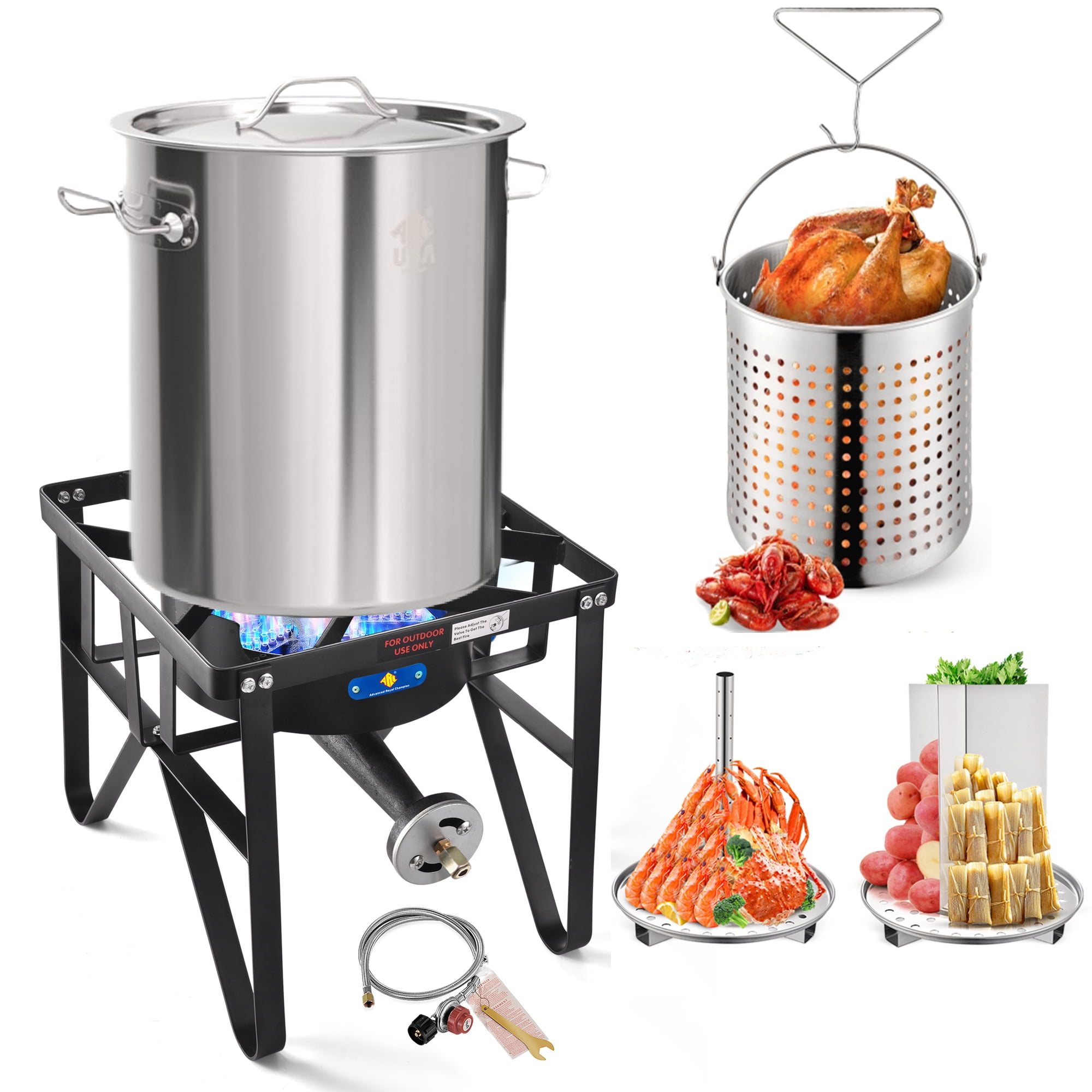32QT Stainless Steel Seafood Boil Pot with 200,000BTU Single Burner ...