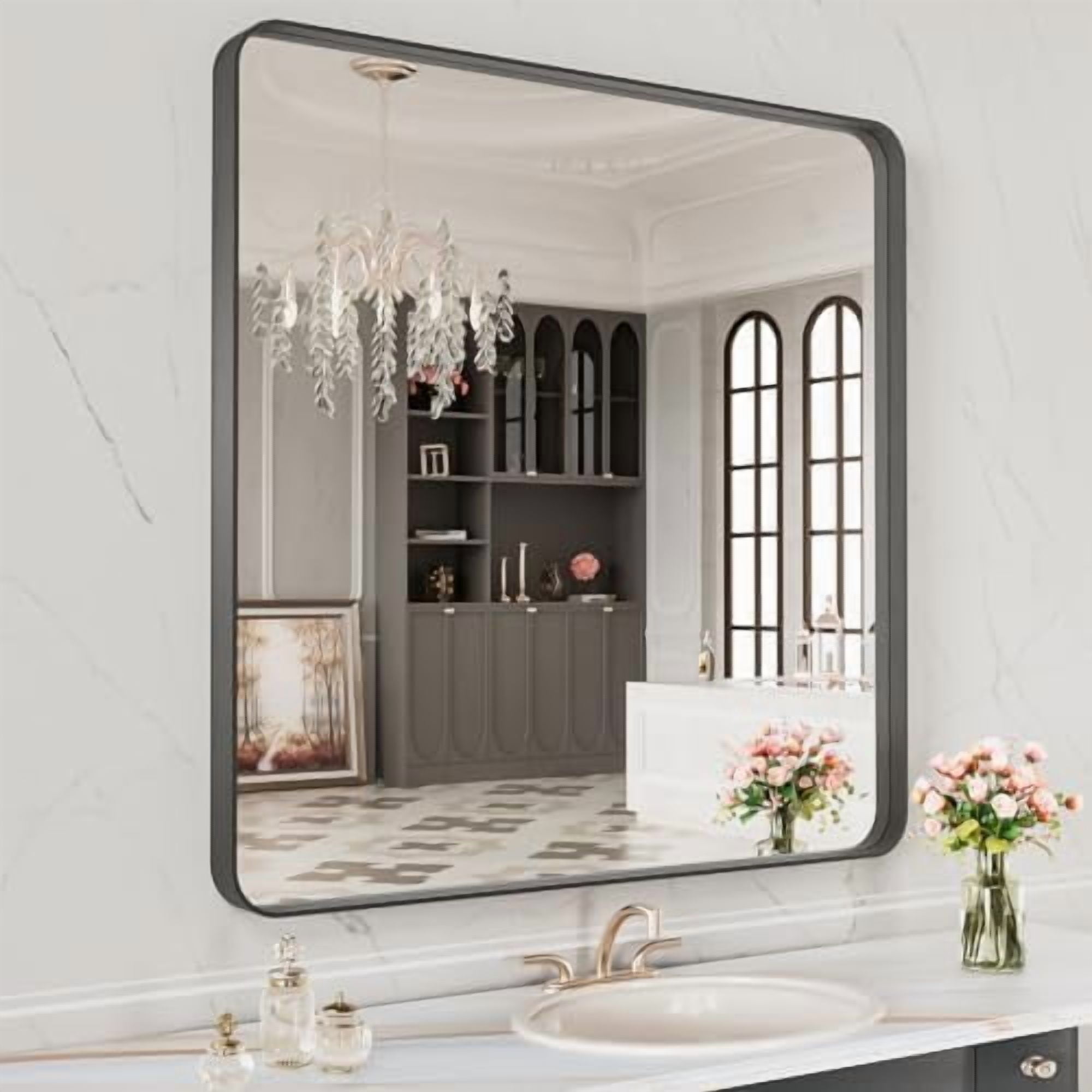 32X32 Inch Black Metal Framed Bathroom Mirror for Wall, Matte Black ...