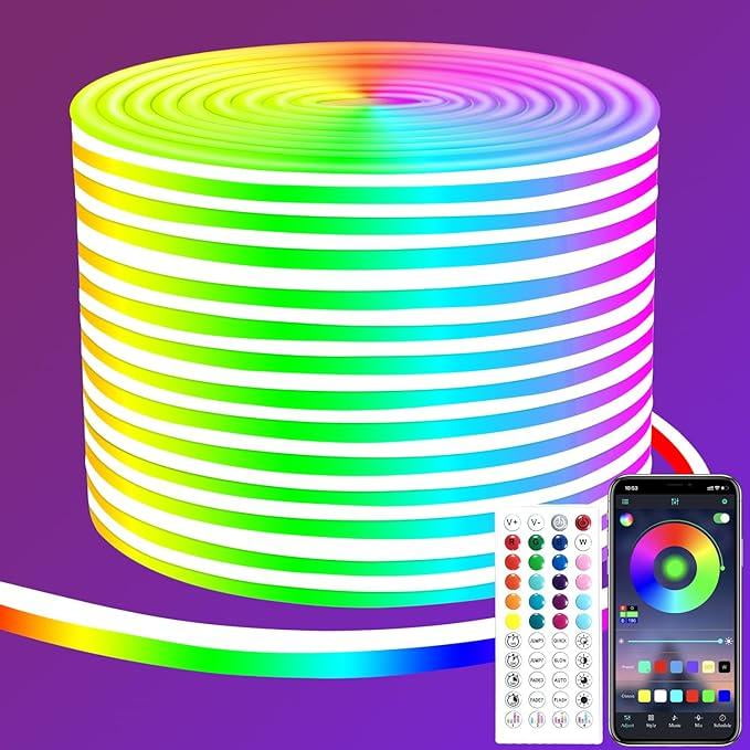 32ft RGB LED Neon Rope Light Strip - Smart App & Remote Control, Music ...