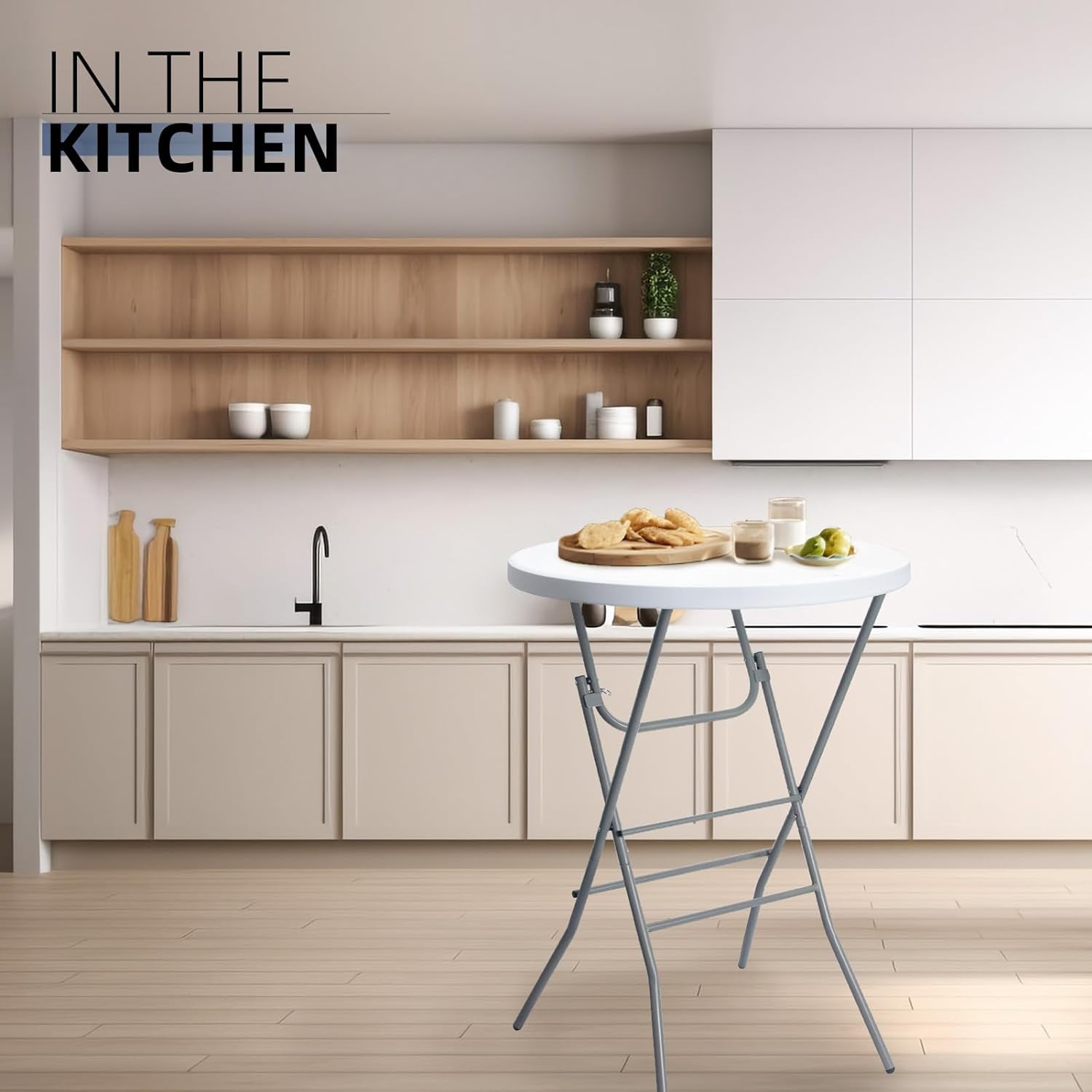 32in Cocktail Table White High Top Folding, Portable Bar Height Folding Table Round with ...