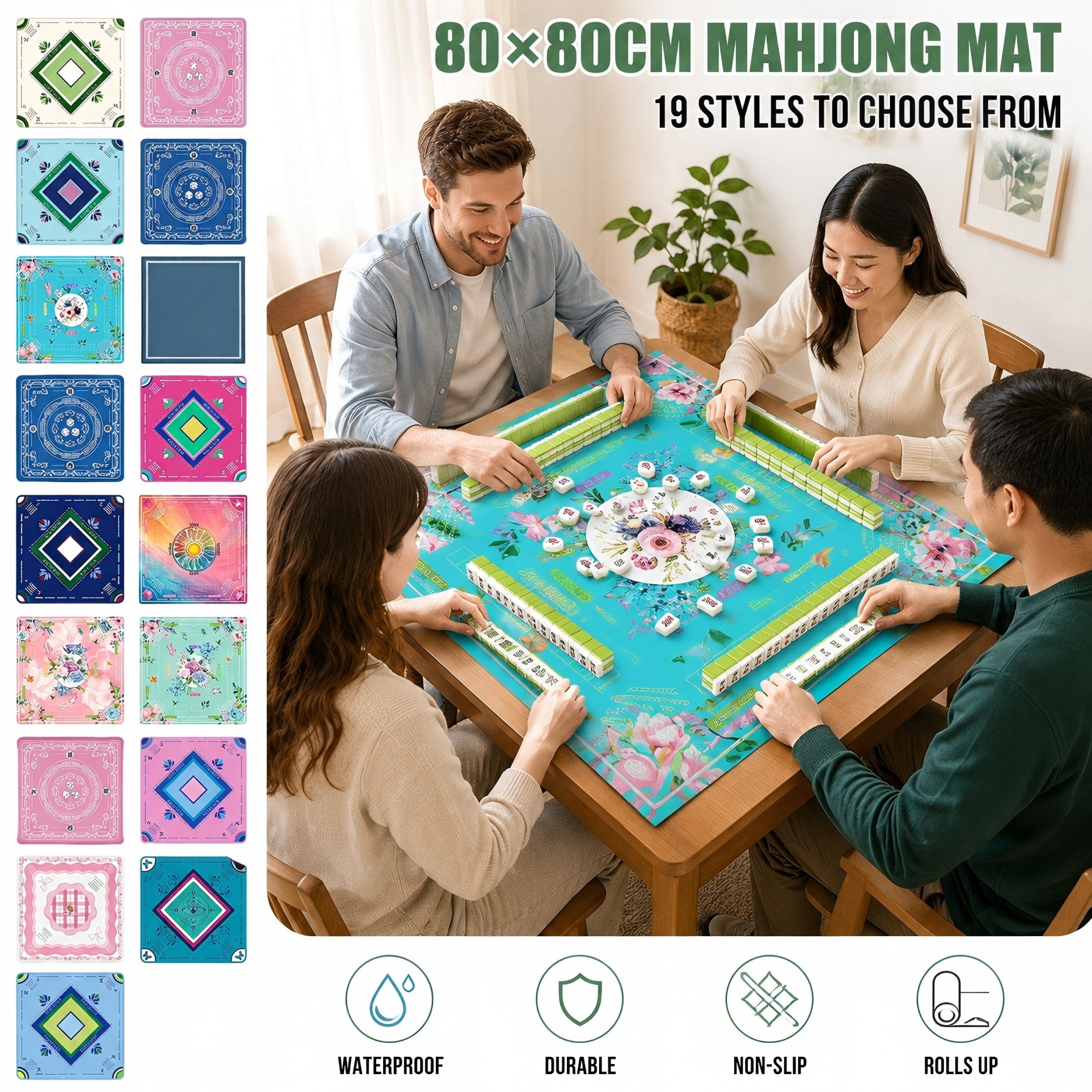 32in Mahjong Table Mat Square Game Table Cover Non-Slip Rubber Card ...
