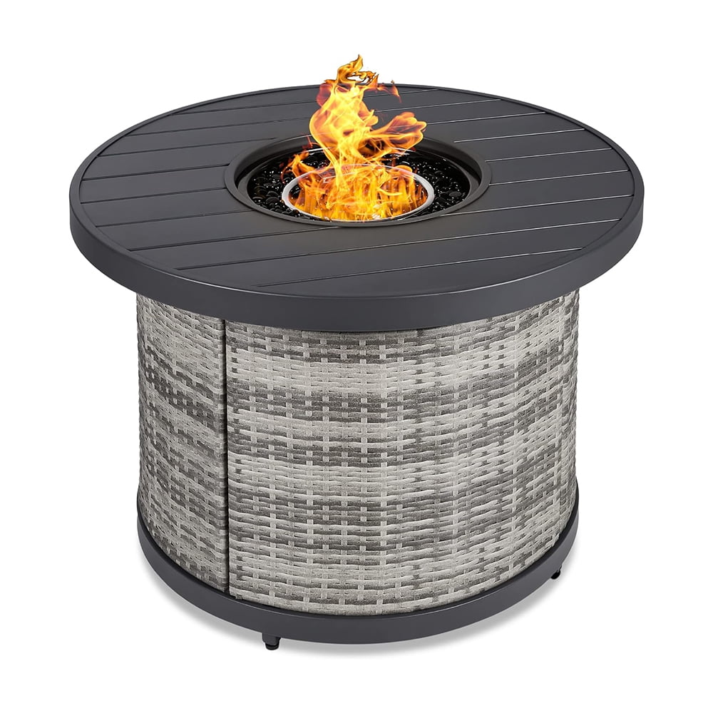 32in Round Gas Fire Pit Table, Outside Wicker Patio Propane Firepit w ...