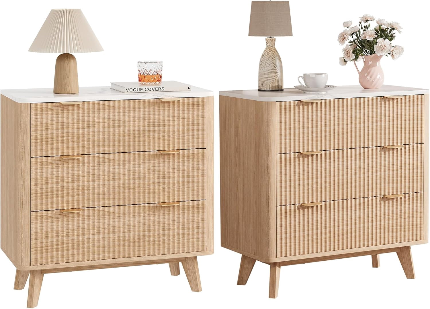 32in Width Fluted Nightstand Set of 2 Modern 3-Drawer Bedside Table ...