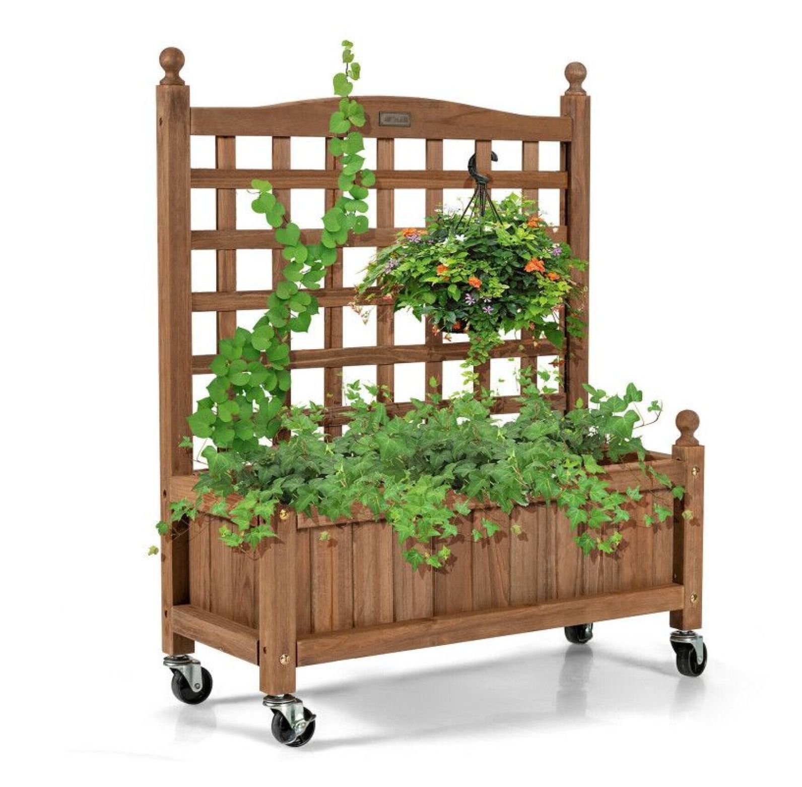 32in Wood Planter Box with Trellis, Mobile Raised Garden Bed for ...