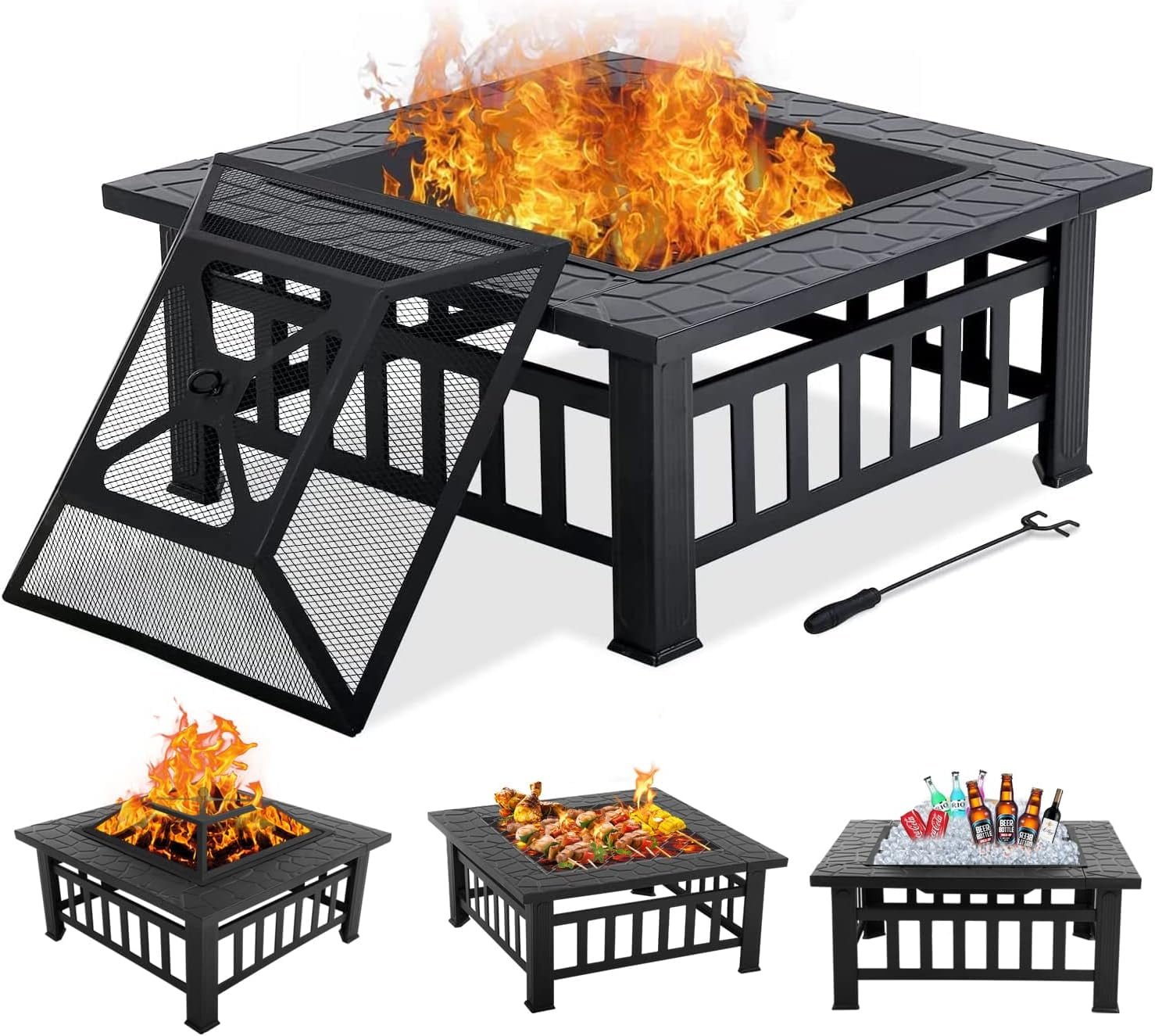 NiamVelo 32inch Portable Fire Pit Table, Metal Square Outdoor Fireplace ...