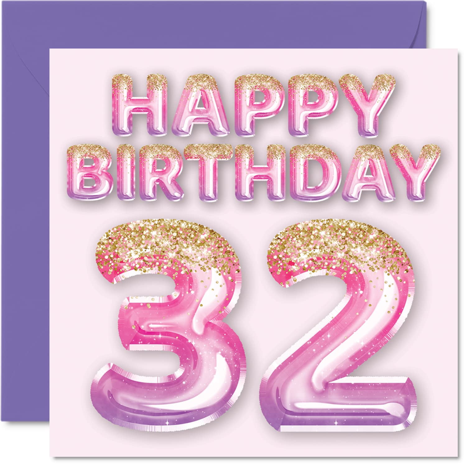 32nd Birthday Card for Women - Pink & Purple Glitter Balloons - Happy ...