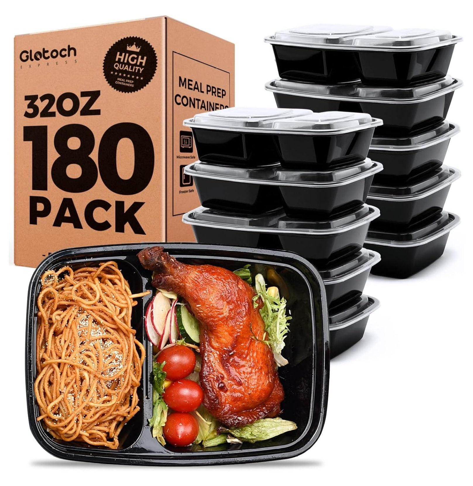 32oz 2-Compartment Black Square Meal Prep Containers, BPA- Plastic Food Storage with Lids, Ideal ...
