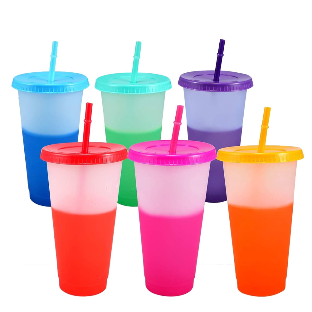 32oz Color Changing Cups with Lids & Straws - 7 Pack Reusable Party ...