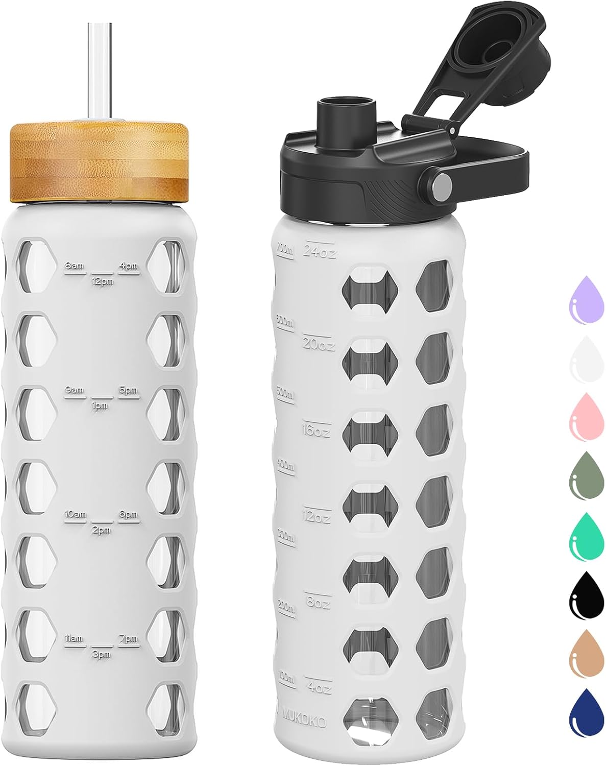 32oz Glass Water Bottles with 2 Lids-Handle Spout Lid&Bamboo Straw Lid ...