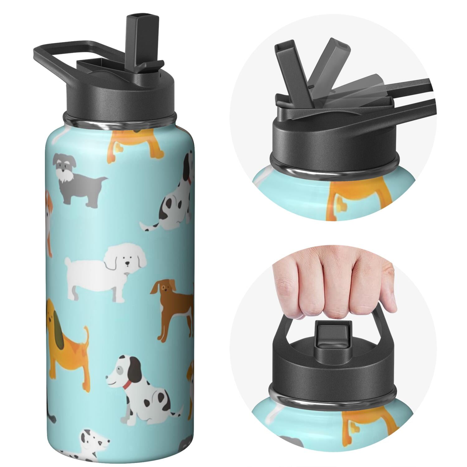 32oz Gym Essential Stainless Steel Sports Flask Dog Design Wide Mouth Handle Lid Leak Proof Cold ...