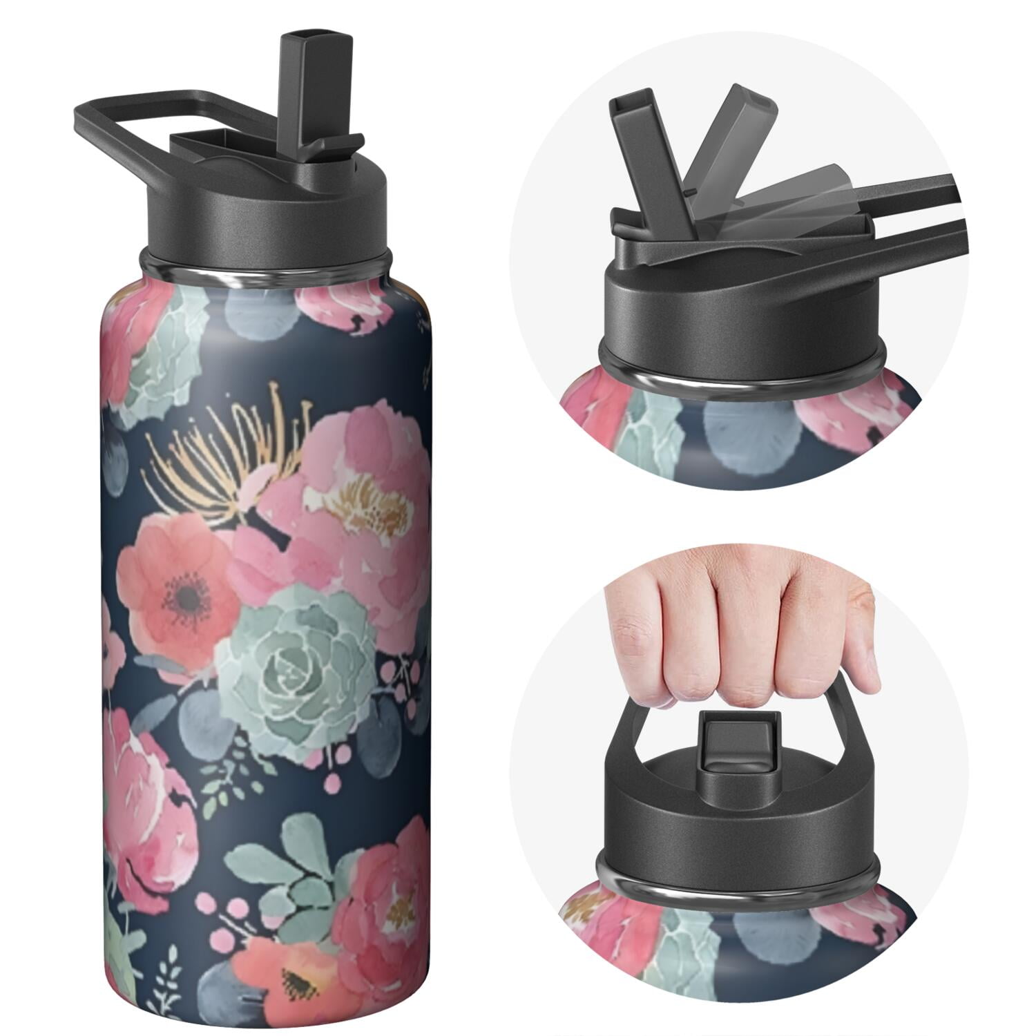 32oz Insulated Stainless Steel Sports Flowers Themed Water Bottle with Handle Lids Wide Mouth ...
