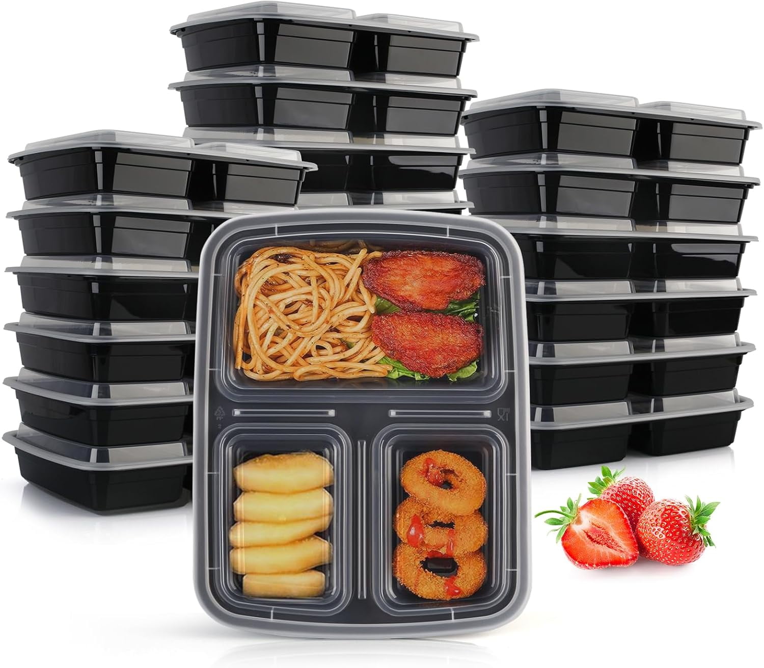 32oz Meal Prep Containers 3 Compartment: 20 Pack Plastic To Go Food Containers Reusable ...