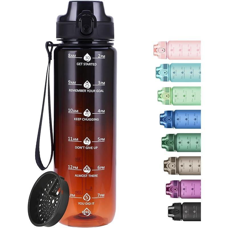 32oz Motivational Water Bottles with Time Marker & Fruit Strainer, Single Color Water Bottle ...