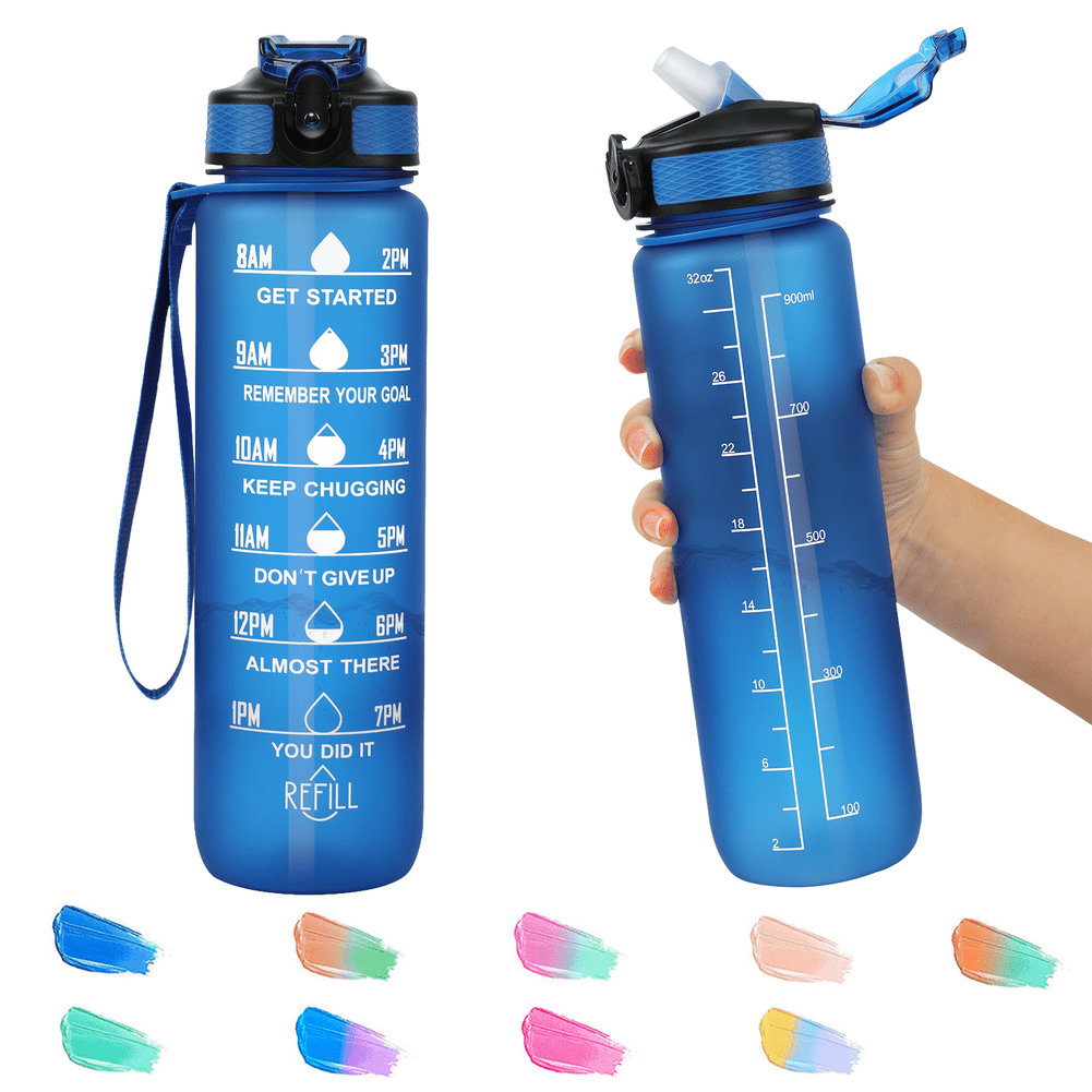 32oz Motivational Water Bottle with Time Marker, Straw, Leak-proof, BPA Free, 1L, Portable for ...