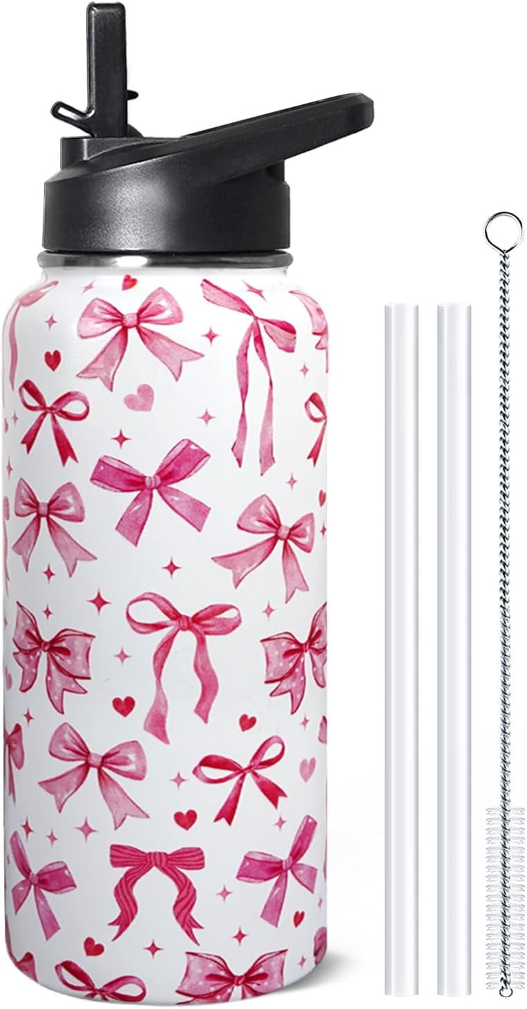 32oz Pink Bow Stainless Insulated Aater Water Bottle with Straw,Bow Gym ...