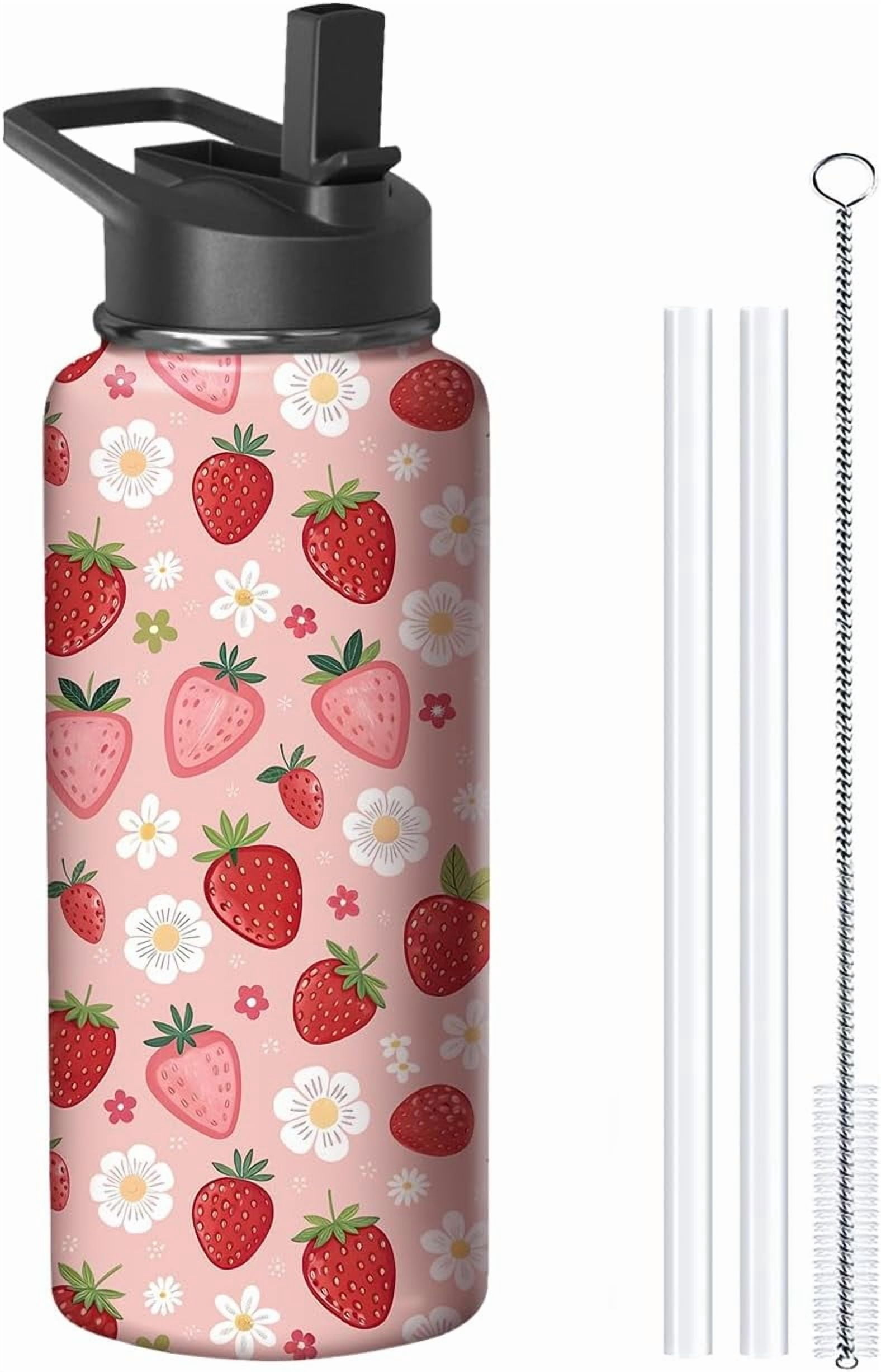 32oz Pink Strawberry Water Bottle with Handle and Flip Straw, Sports ...