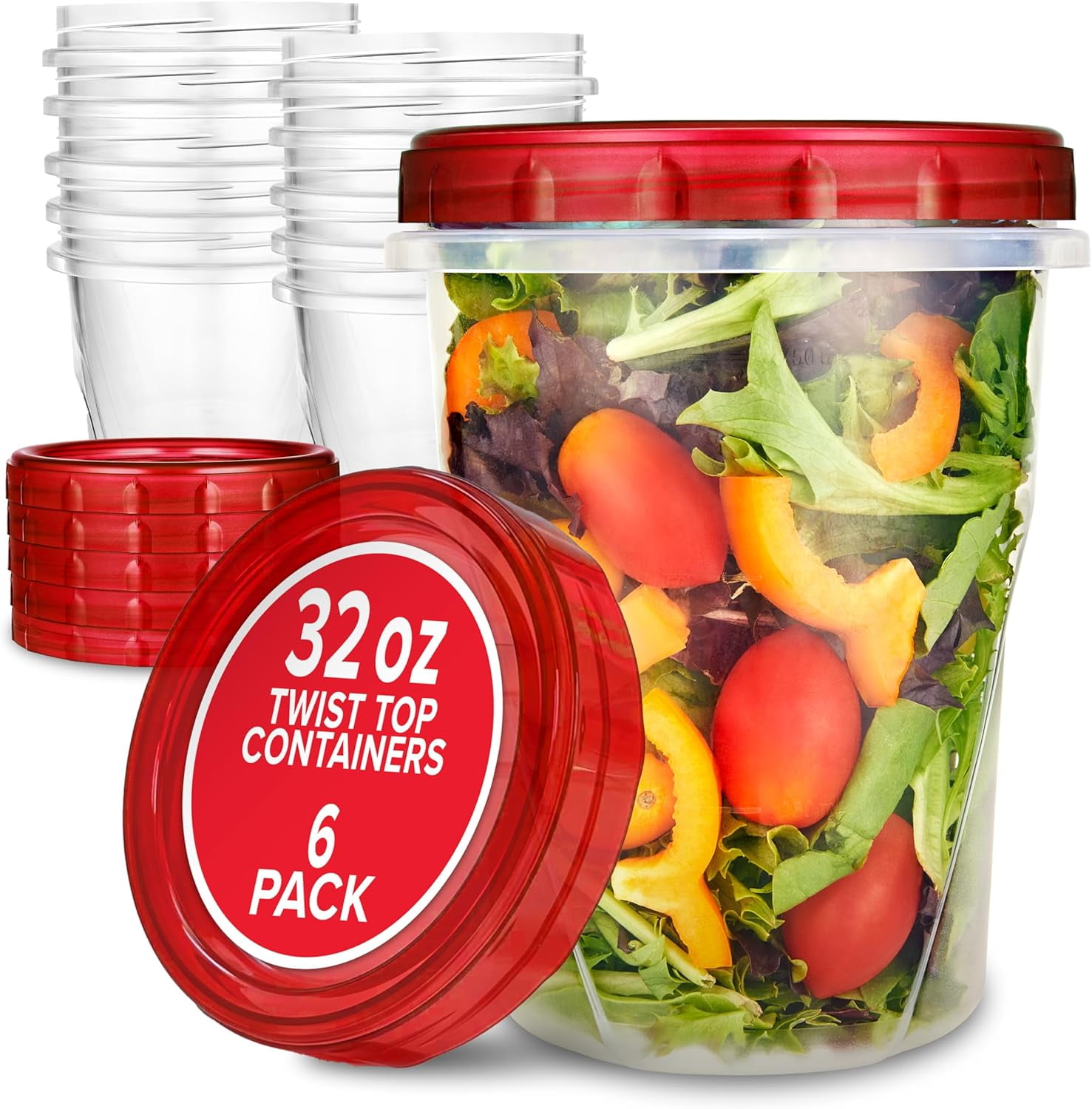 32oz Plastic Containers with Red Twist Top Lids (6 Pack) – Quart ...
