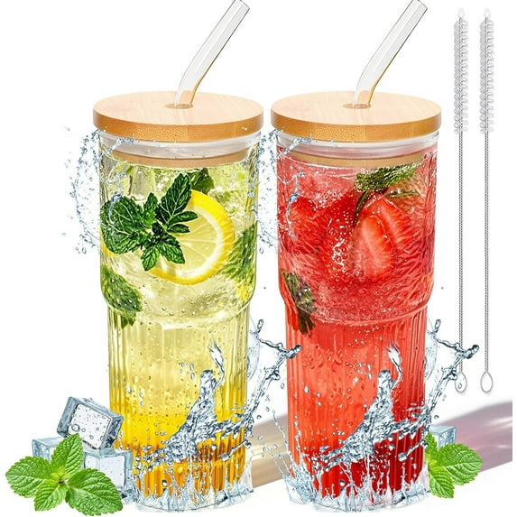 32oz Ribbed Glass Coffee Cup w/Lid & Straw, Large Iced Tea Glass, Boba ...