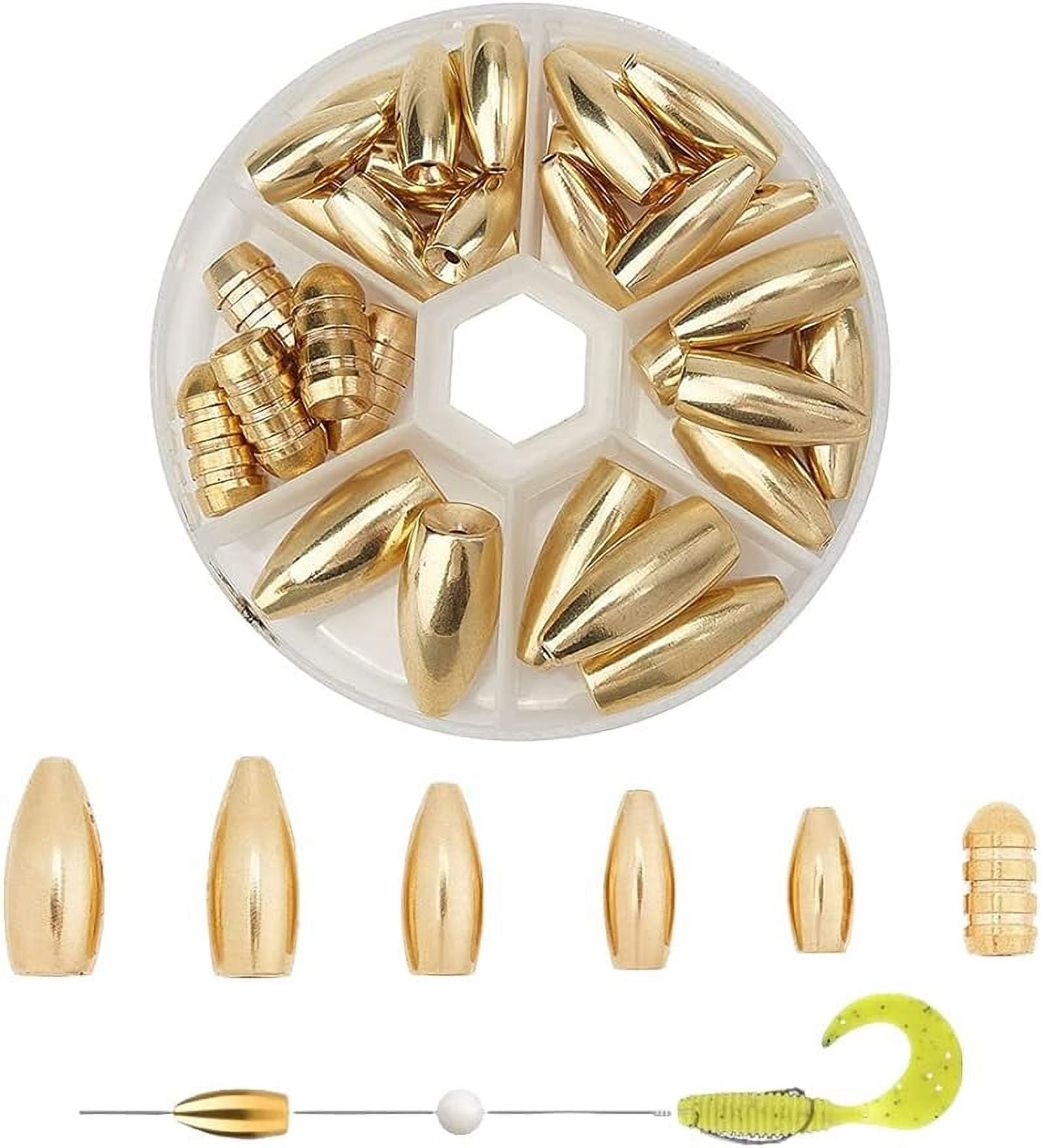 32pcs 6 Sizes Golden Brass Bullet Weight Fishing Weights Worm Sinker ...