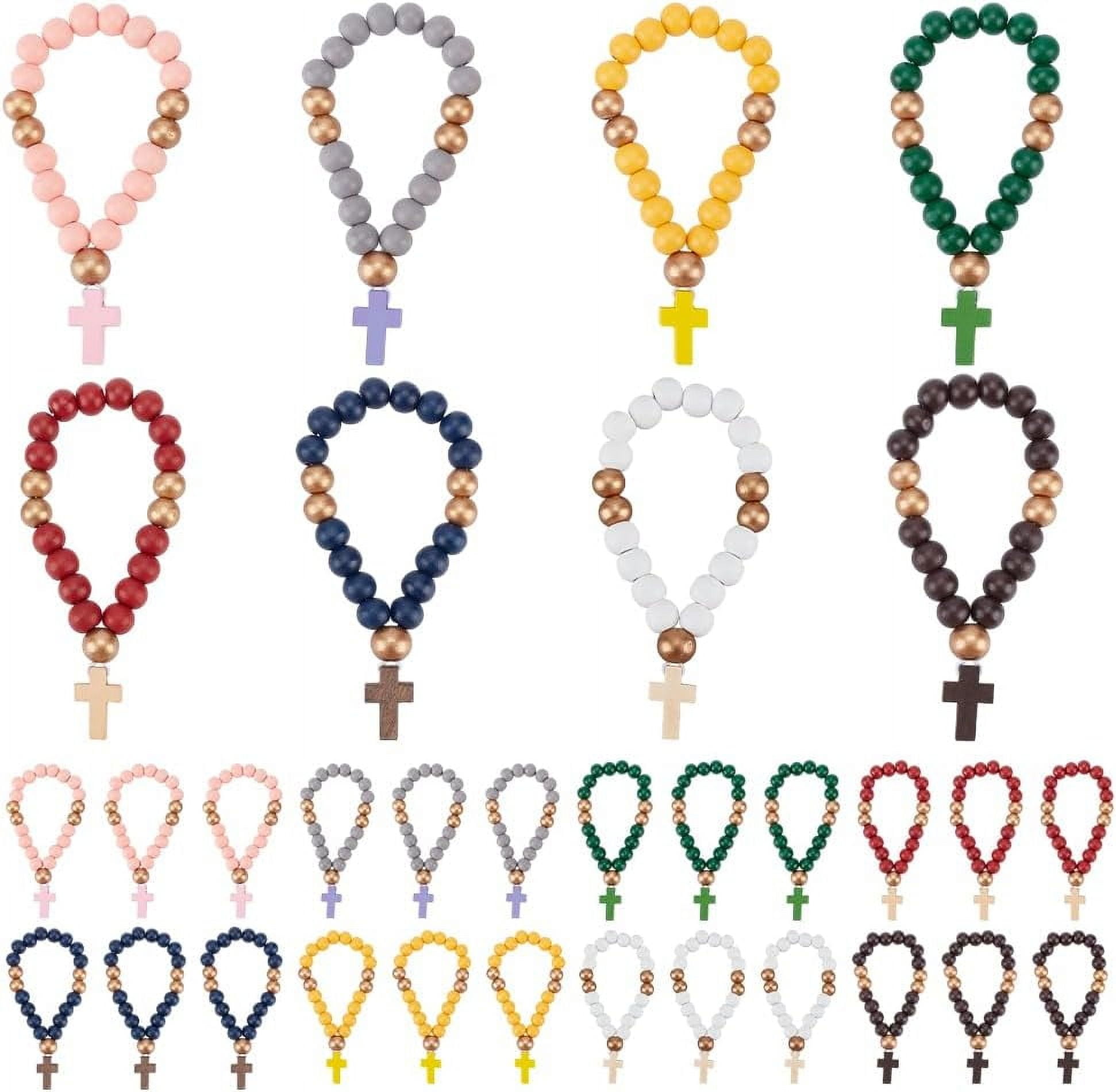 32pcs 8 Colors Wooden Rosary Beads with Cross Pendant 4.7 Inch Long ...