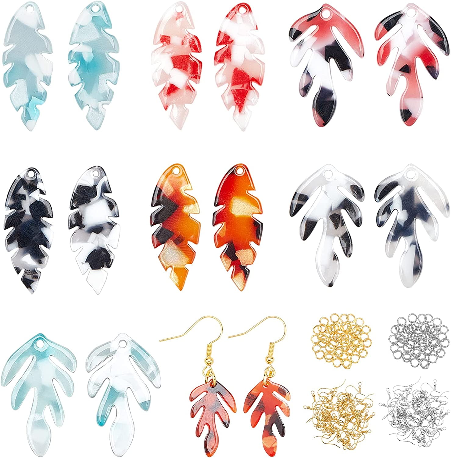 32pcs 8 Styles Leaf Shape Cellulose Acetate Resin Pendants Dangle ...