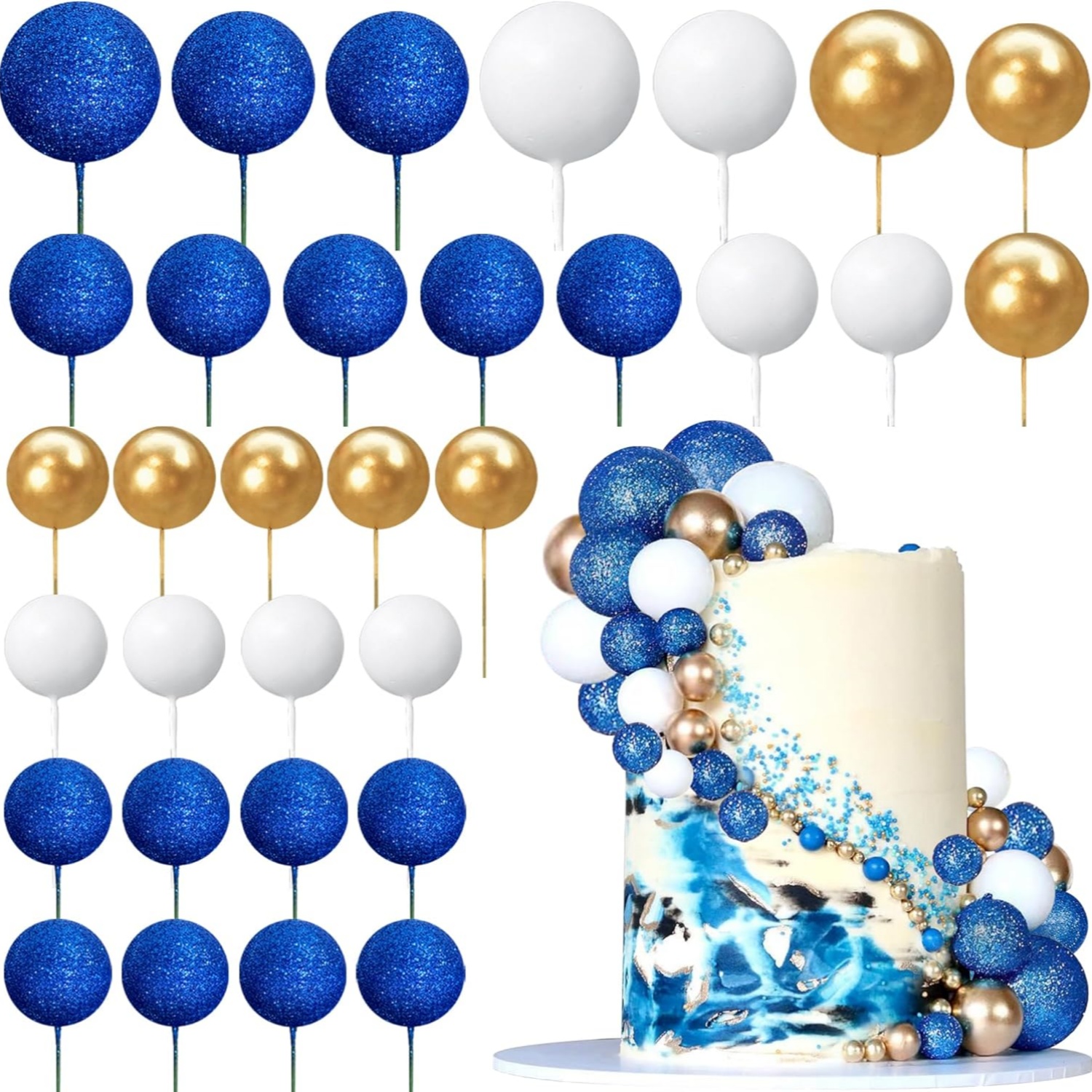 32pcs Glitter Blue Ball Cake Topper Ocean Theme Picks Colorful Ball Shaped Cupcake Insert for ...