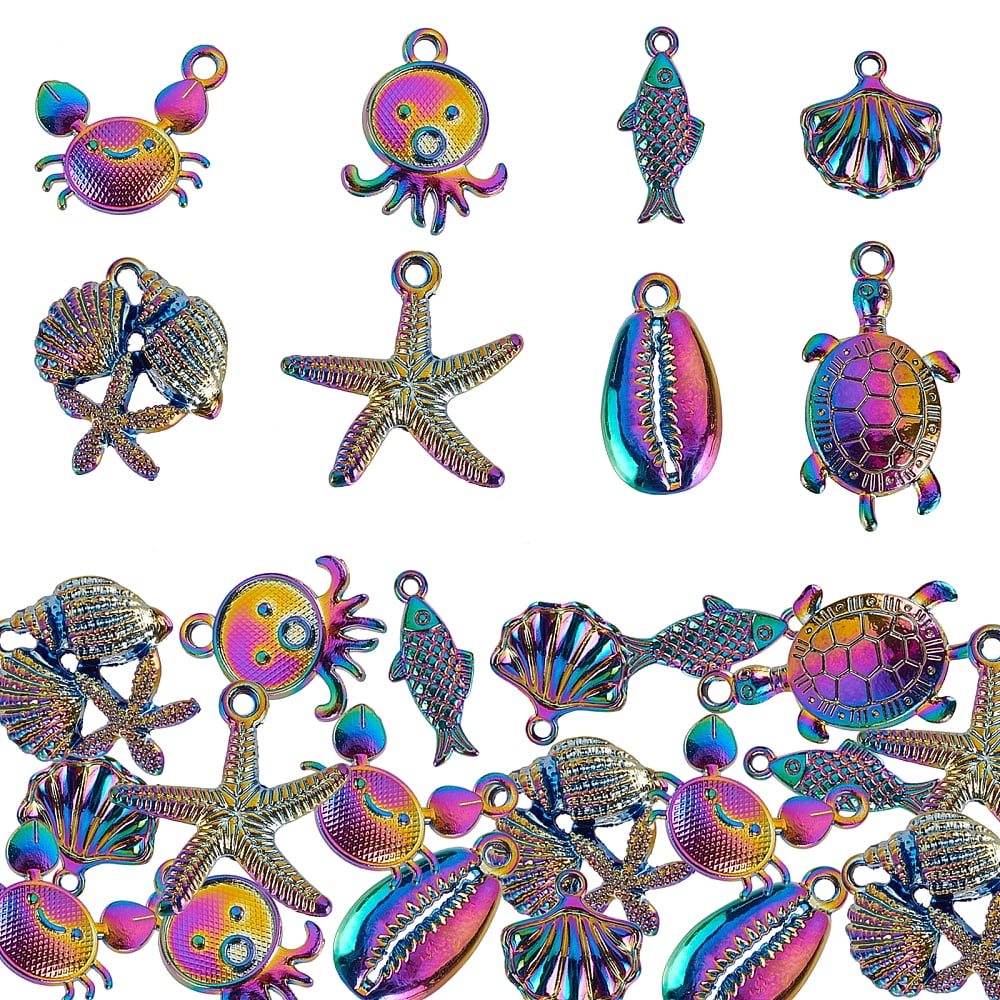 32pcs Ocean Theme Pendant 8 styles Starfish Shell Shape Pendant Rainbow ...