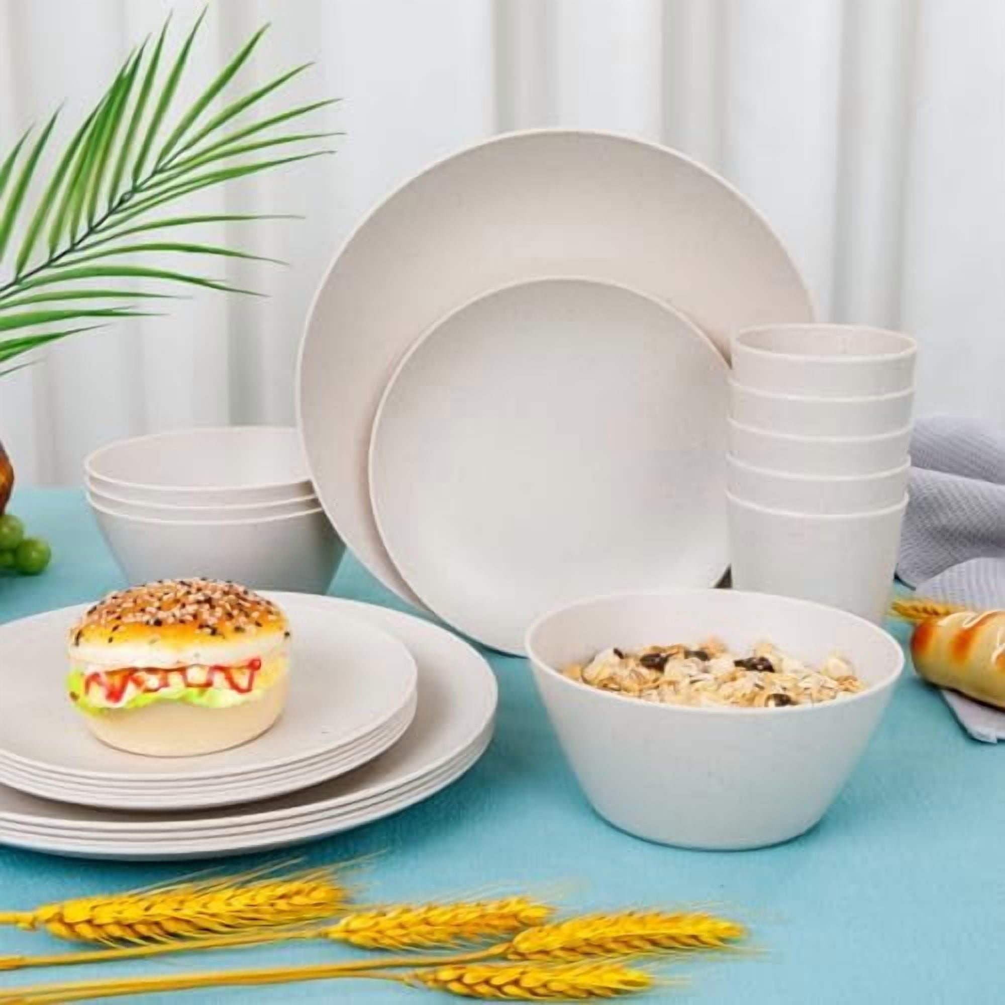 32pcs Wheat Straw Dinnerware Sets Cream Color,Plates and Bowls Sets ...