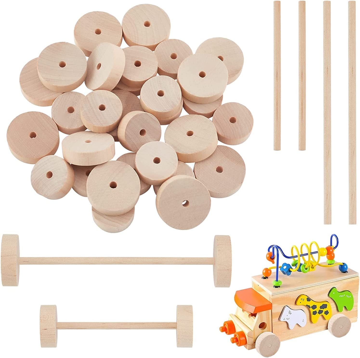 32pcs Wood Craft Wheels Set 1.1 1.4 Inch Wheels with 32pcs Wooden ...